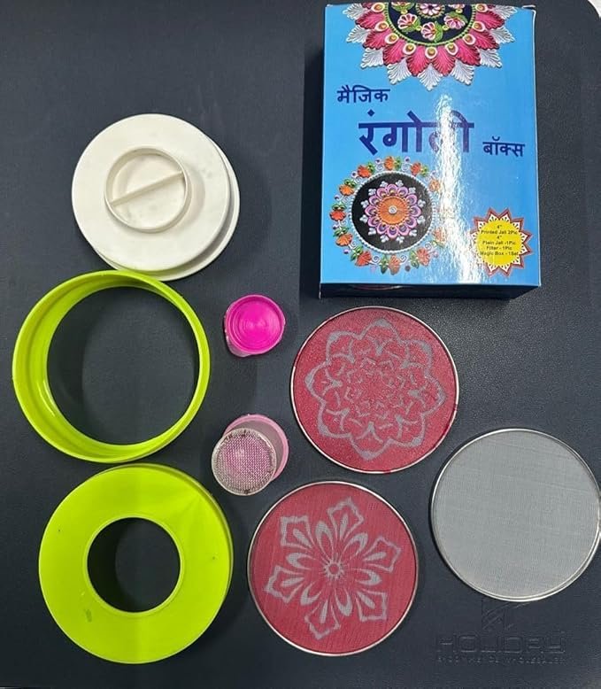 Magic Rangoli Box with Tool 4 Inch Printed And Plain Jali Stencils ...